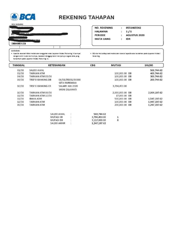 10 Contoh Rekening Koran Berbagai Bank Lengkap (BRI, Mandiri, BCA)