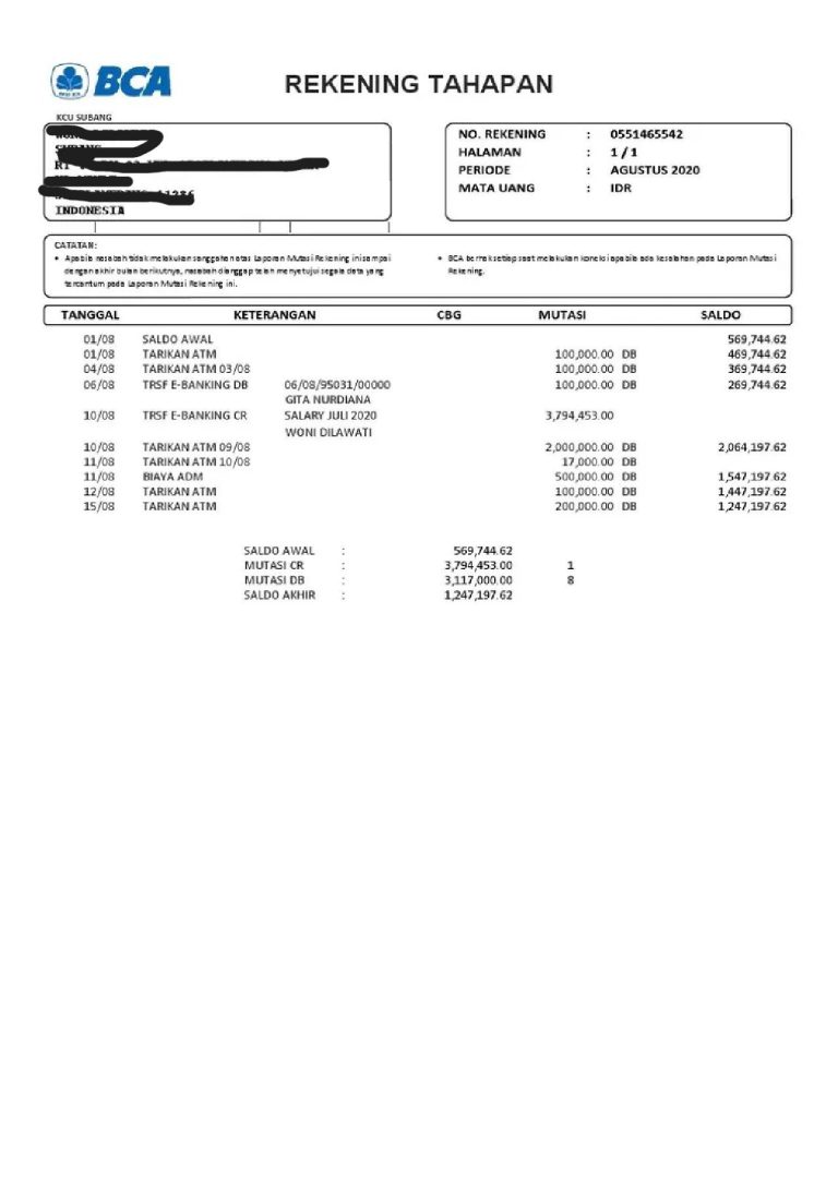10 Contoh Rekening Koran Berbagai Bank Lengkap (BRI, Mandiri, BCA)