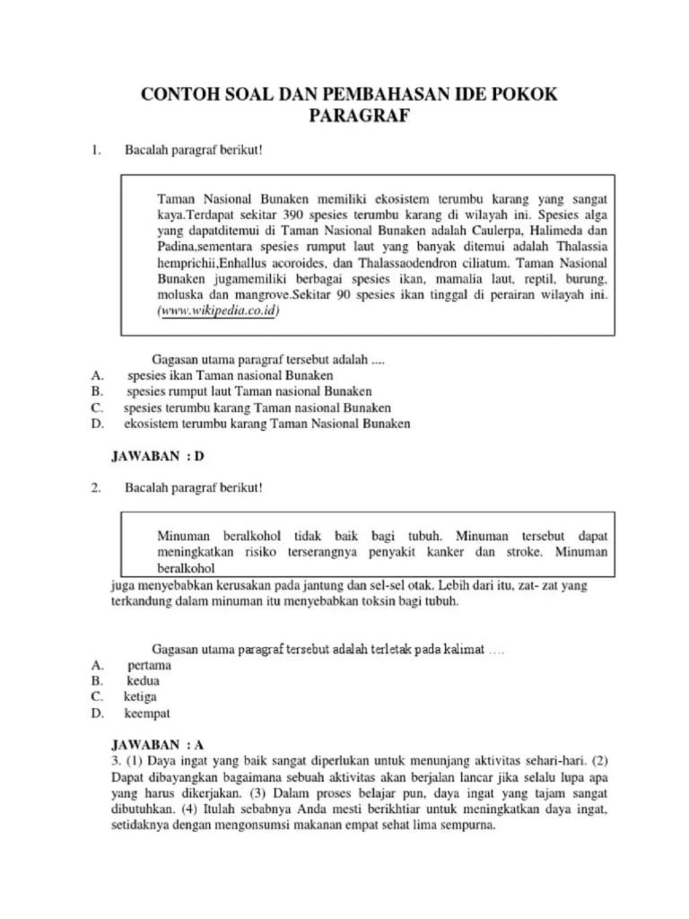 20 Contoh Soal Ide Pokok Paragraf dan Jawabannya