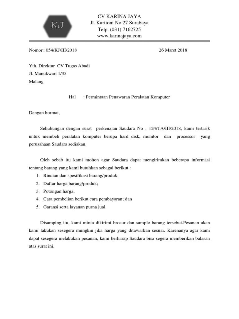 10 Contoh Surat Permintaan Penawaran. Disertai Definisi dan Formatnya!