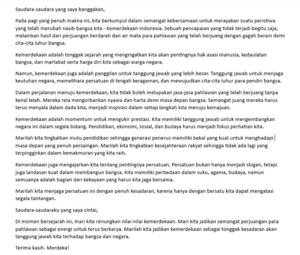 8 Pidato tentang Kemerdekaan Dalam Rangka HUT RI ke-80