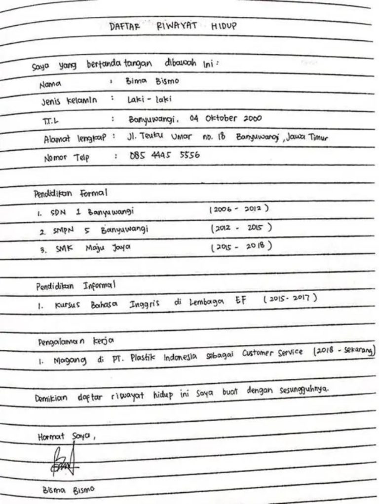 7 Contoh Daftar Riwayat Hidup Tulis Tangan yang Baik dan Benar
