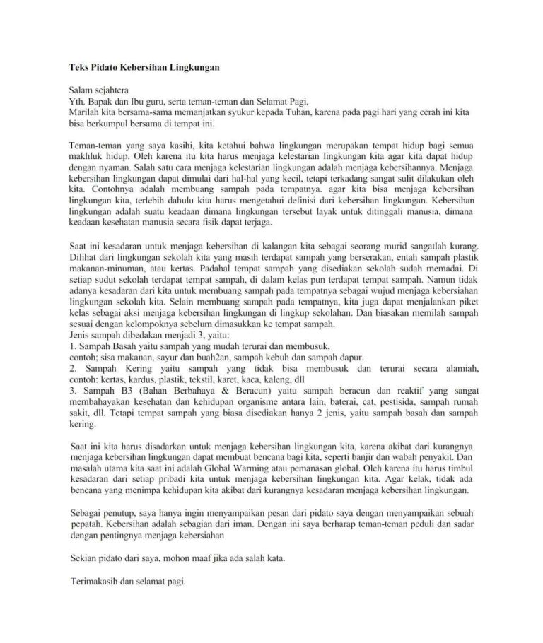 5 Contoh Pidato Tentang Kebersihan Lingkungan Masyarakat Singkat