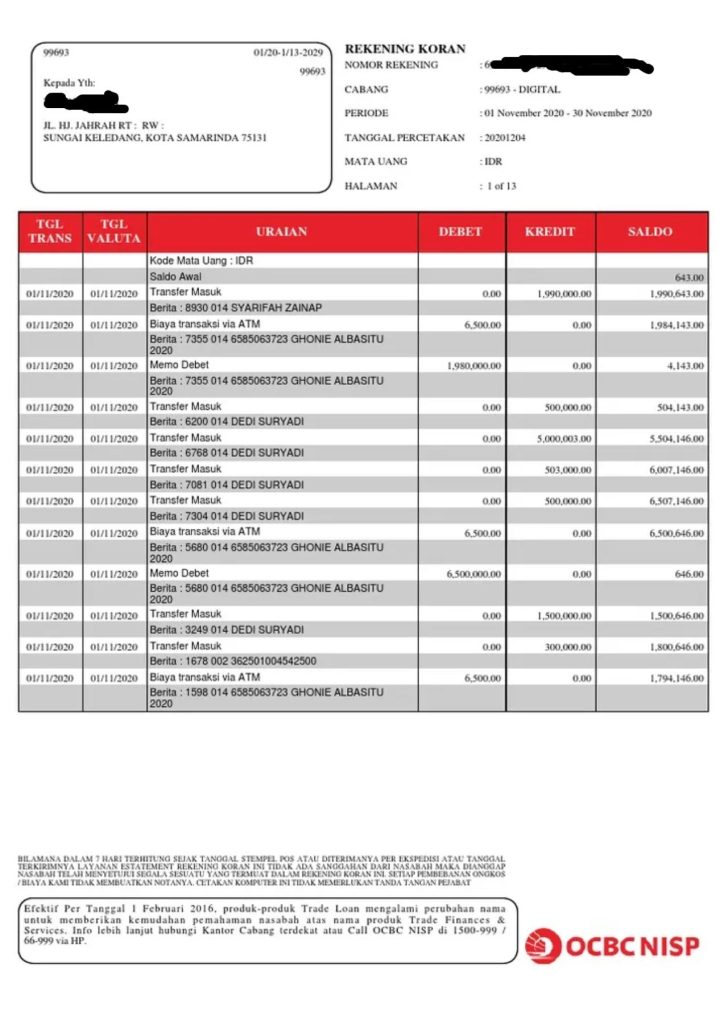 10 Contoh Rekening Koran Berbagai Bank Lengkap (BRI, Mandiri, BCA)