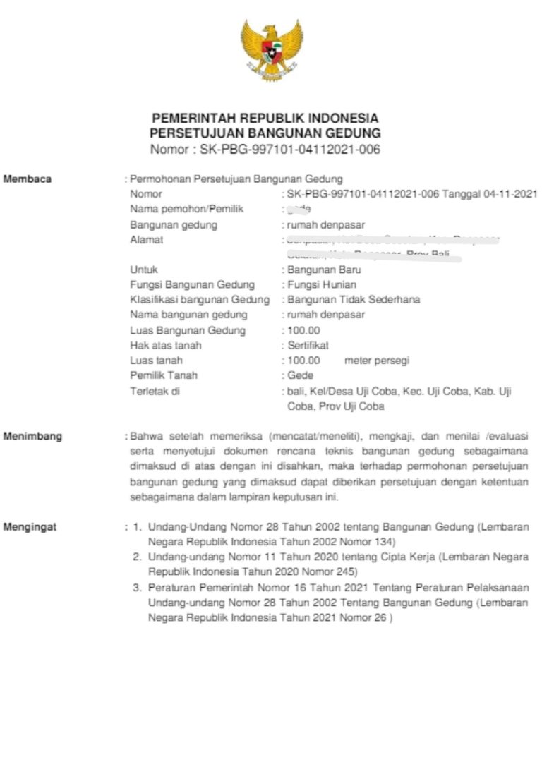 Contoh PBG yang Sudah Jadi untuk Perumahan dan Lainnya