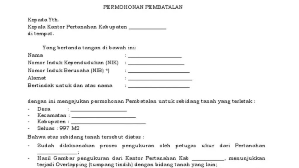 Contoh Surat Permohonan Pembatalan Sertifikat Tanah di BPN